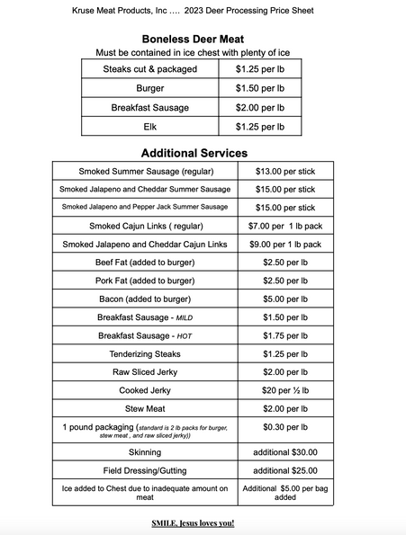 Prices | Kruse Meat Products