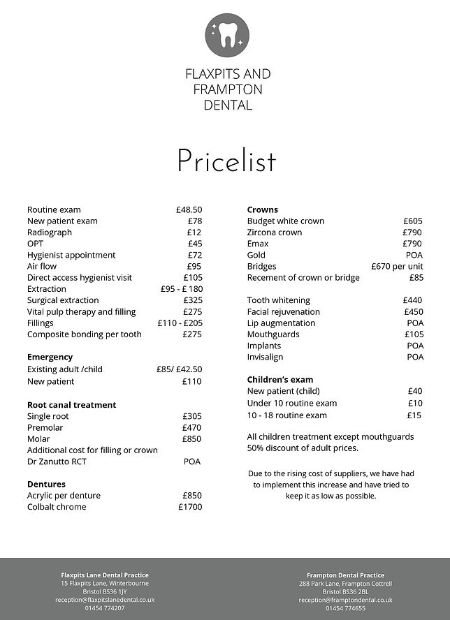Price List | Flaxpits Dental