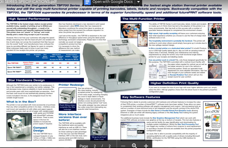MPN: STAR TSP700II POS Label Printer | ptexch