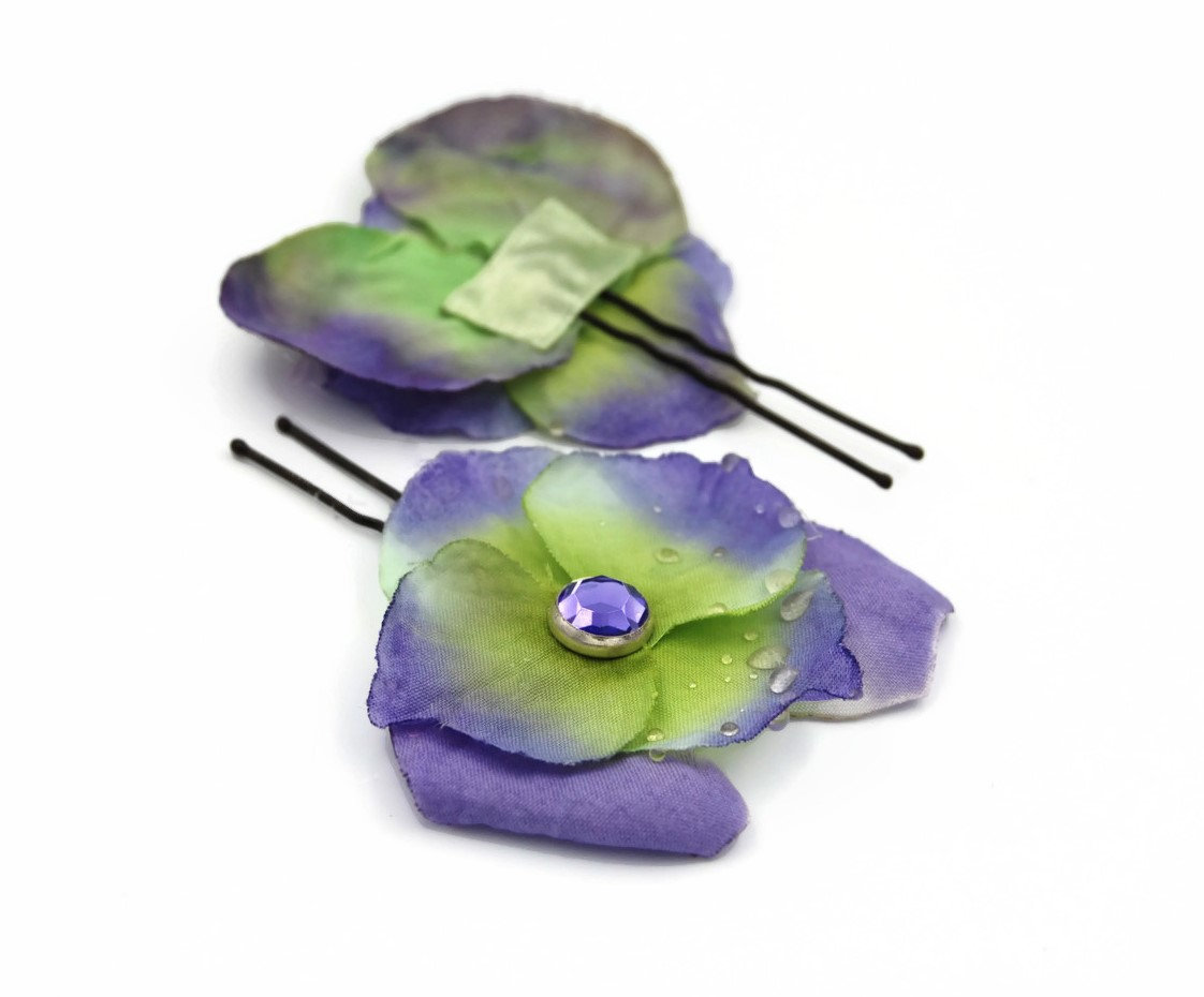Purple fabric flower hair pins