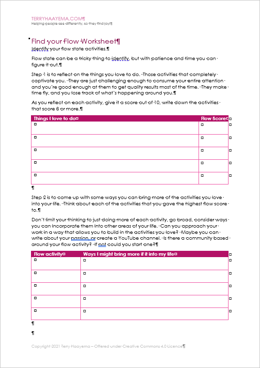 Find your Flow Worksheet | TERRYHAAYEMA.COM