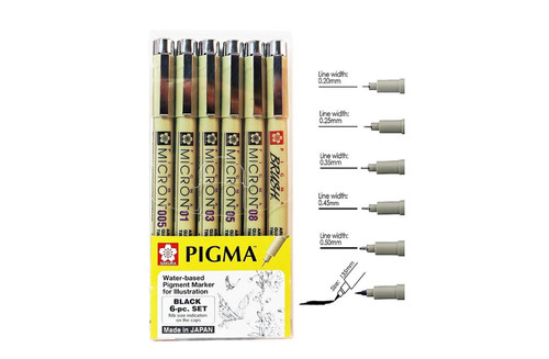 Sakura Pigma Micron Drawing Pens, Set of 6, Black | Supa Shop