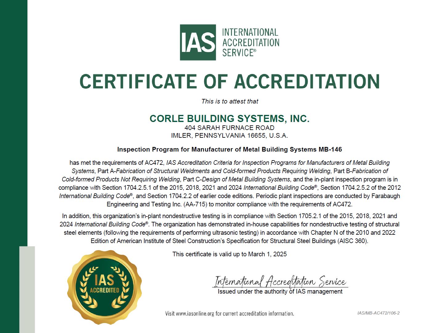 Accreditations | Corle Building Systems