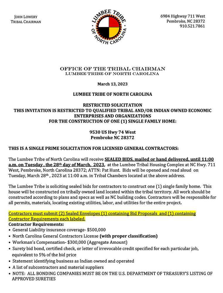 Restricted Solicitation for Construction of One (1) Single Family Home
