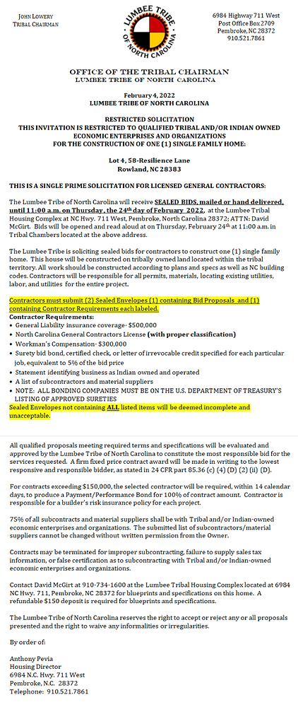Lot 4, 58-Resilience Lane, Rowloand, NC 28383 RFP