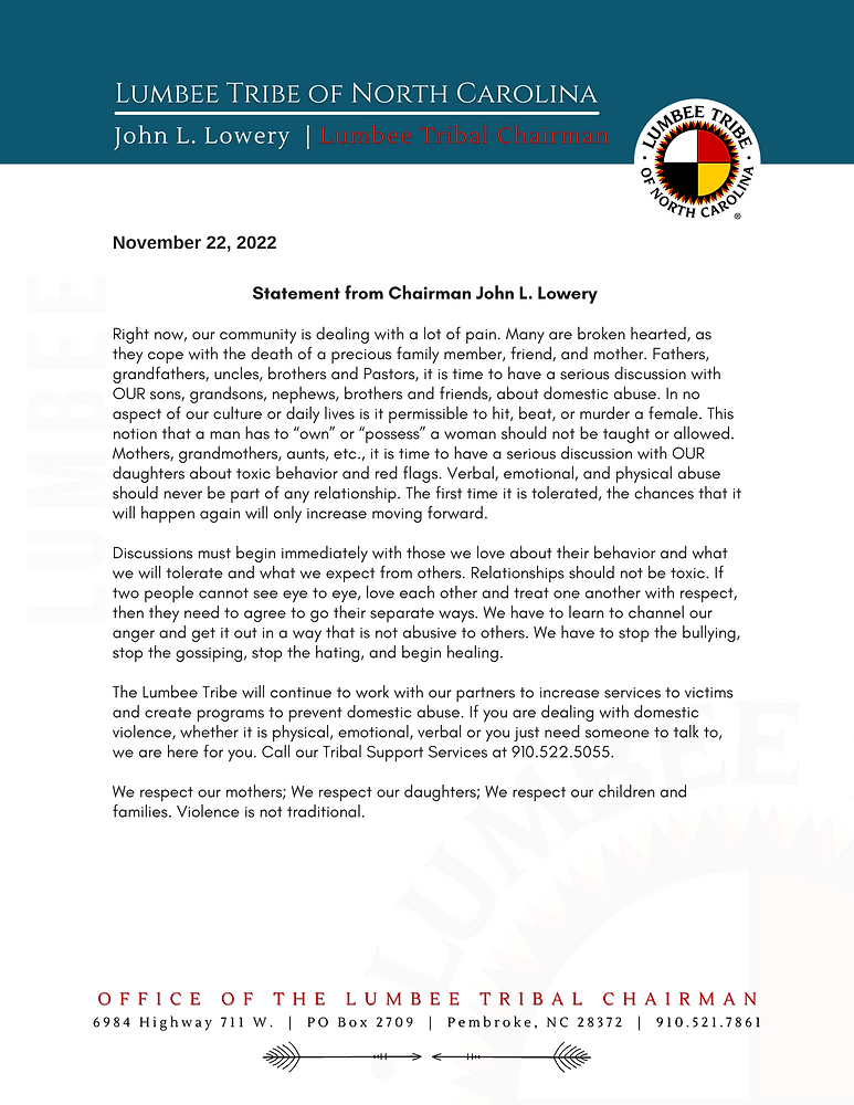 Statement from Chairman John L. Lowery About Domestic Violence