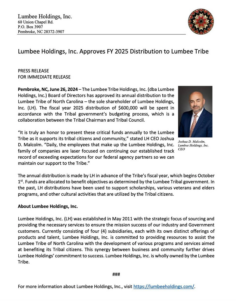 Lumbee Holdings, Inc. Approves FY 2025 Distribution to Lumbee Tribe