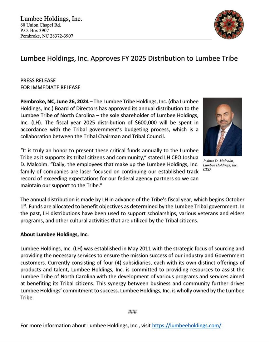 Lumbee Holdings, Inc. Approves FY 2025 Distribution to Lumbee Tribe