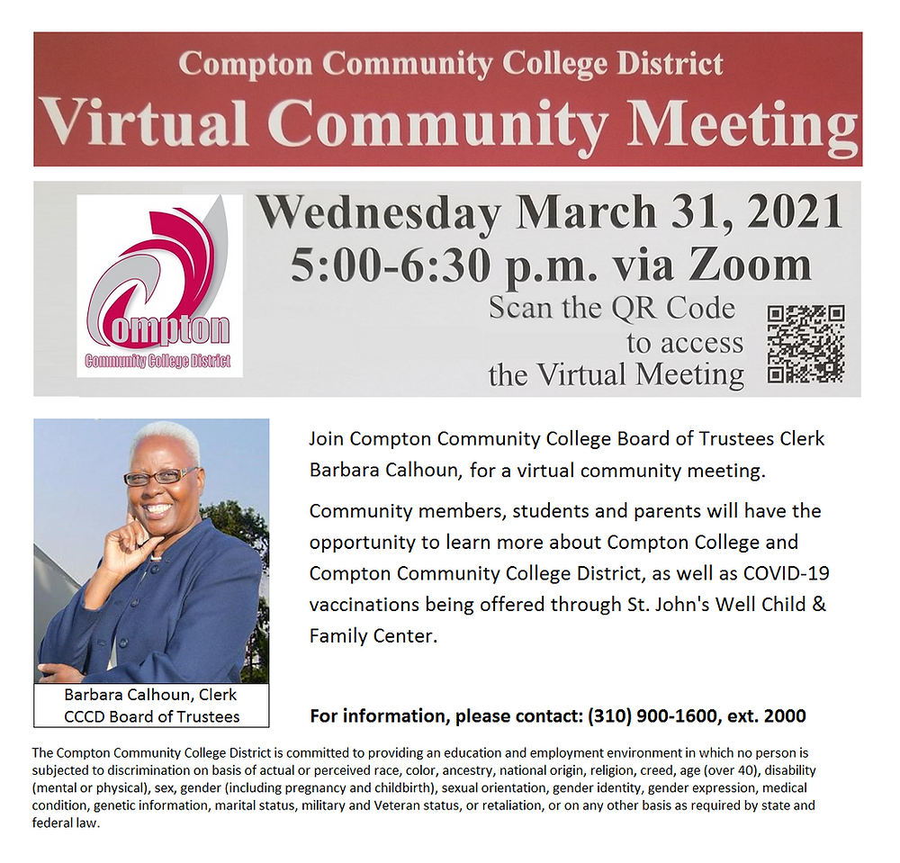 Compton Community College Virtual Community Meeting - March 31 at 5:00 PM