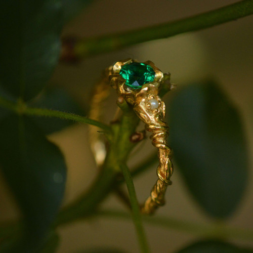 Solid Gold Fairytale Emerald and Pearl Ring | Lucy Stopes-Roe