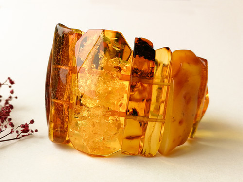 Natural Amber Cuff Bracelet - Large Rectangular Beads in Cognac and ...
