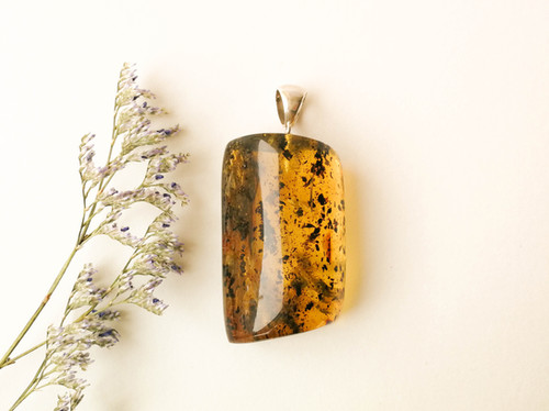 Large Thick Rectangle Amber Pendant - Unique Shape, Green with Dark ...