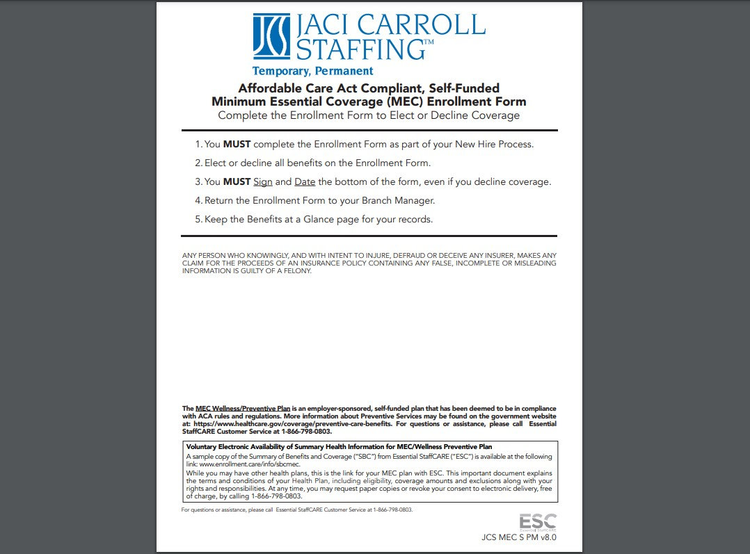 Essential StaffCare MEC Enrollment Form | JaciCarroll Staffing