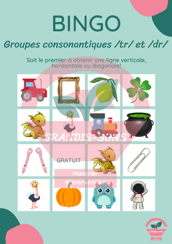 Bingo groupes consonantiques /tr/ et /dr/ | Grandis Sons