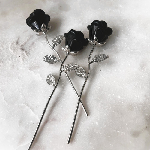 Small Black Obsidian Silver Stem Crystal Rose | Crystal Mission