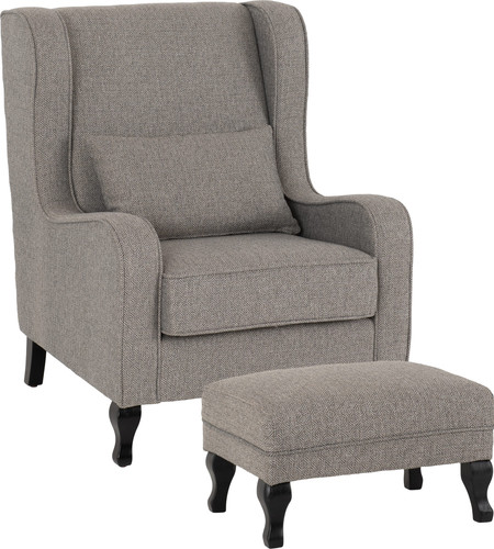 Grey Herringbone Fabric Wing Back Chair & Footstool | bremners