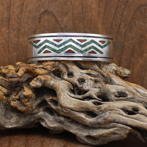 Sterling Silver Turquoise and Coral Chip Inlay Cuff Bracelet by Carl ...