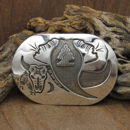 Navajo Sterling Silver Steer Skull and Talking Warriors Belt Buckle By ...
