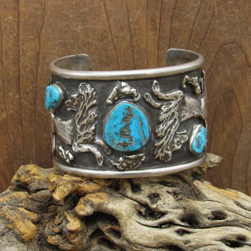 Vintage Large Navajo Sterling Silver Turquoise Lion Cuff Bracelet | Mac ...