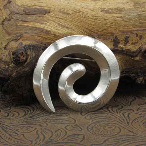 Large Sterling Silver Sandcast Pointed Spiral Pin | Mac's Indian Jewelry
