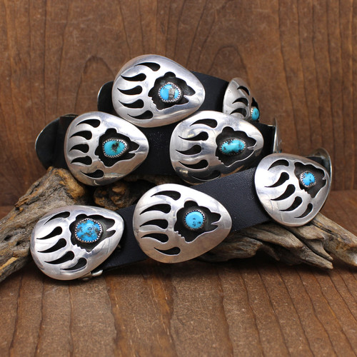 Vintage Sterling Silver and Turquoise Shadow Box Bear Paw Concho Belt ...
