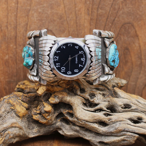 Sterling Silver Southwestern Coral and Turquoise Watch Bracelet By J ...
