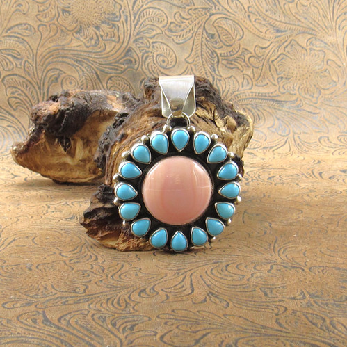 *Cheerful Pink Conch Shell Turquoise Sterling Silver Navajo Pendant ...