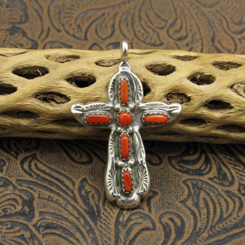 Zuni Cross Shaped Coral Sterling Silver Pendant By Cecilia Iule | Mac's ...
