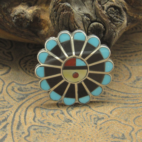 Zuni Sunface Turquoise Coral Jet Mother of Pearl Inlay Pin | Mac's ...