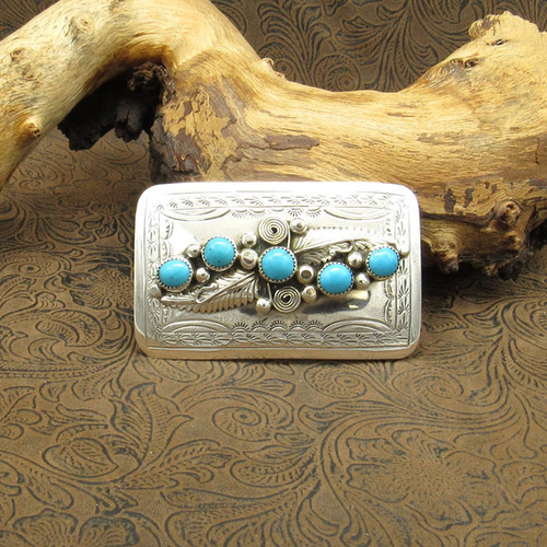 Fancy Sterling Silver Belt Buckle With Five Turquoise Stones By Wilbert ...