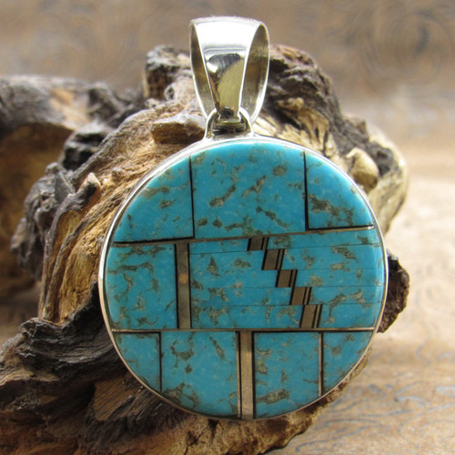 Round Sterling Silver Turquoise and Jet Inlay Pendant | Mac's Indian ...