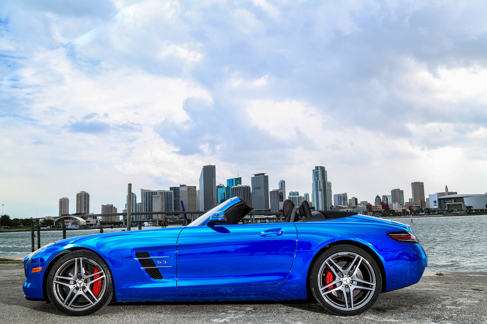 Mercedes Benz SLS amg Blue chrome car wrap in Miami