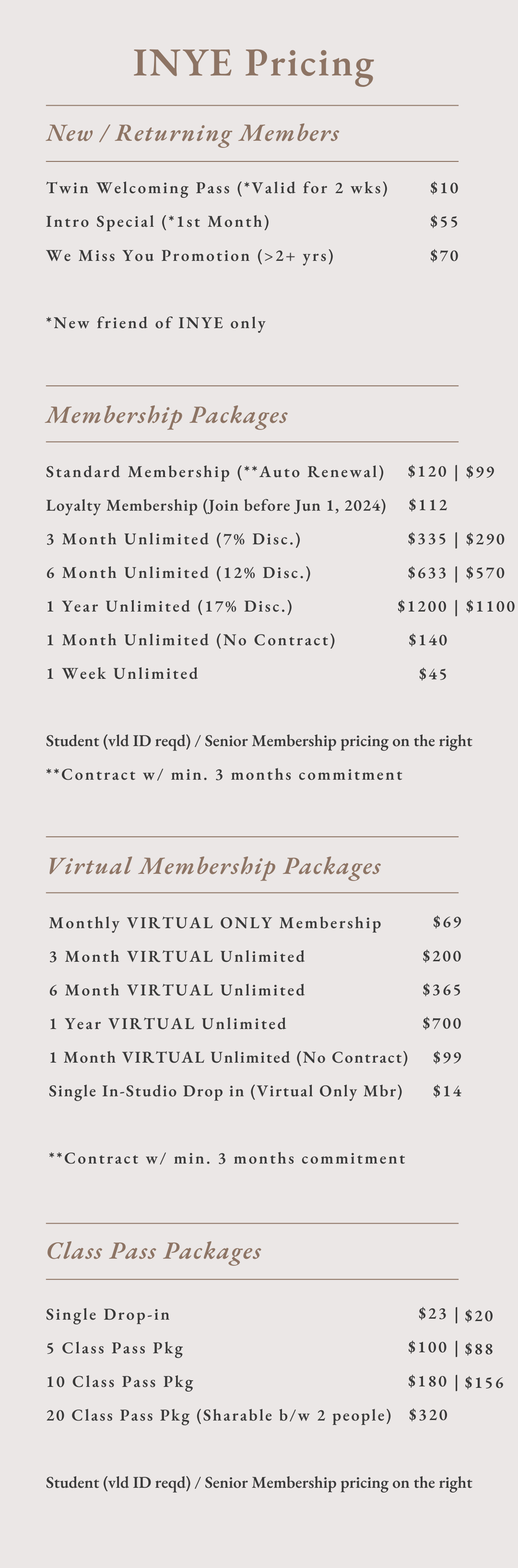 PRICING AT A GLANCE | INYE YOGA