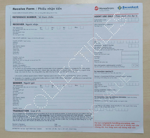 Receive form Moneygram | Vietnambanknotes