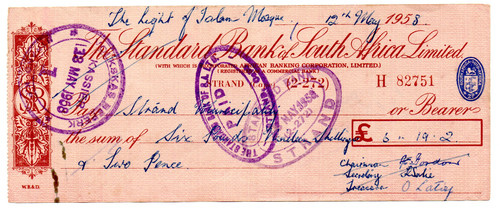 1958 The Standard Bank of South Africa Cheque, Strand Cape, 6 Pounds 19 ...
