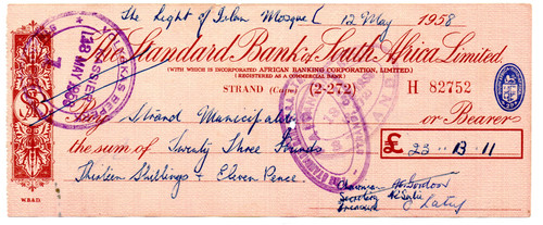 1958 The Standard Bank of South Africa Cheque, Strand Cape, 23 Pounds ...
