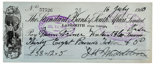 1910 The Standard Bank of South Africa Ladismith (Cape Colony) Cheque ...