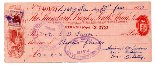 1957 The Standard Bank of South Africa Cheque, Strand Cape, 13 Pounds ...