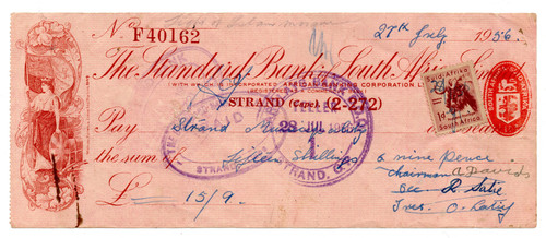 1956 The Standard Bank of South Africa Cheque, Strand Cape, 15 Pounds ...