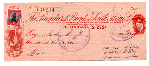 1954 The Standard Bank of South Africa Cheque, Strand Cape, 5 Pounds ...
