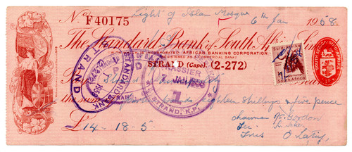 1958 The Standard Bank of South Africa Cheque "Light of Islam", Strand ...