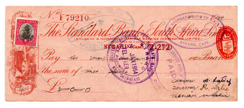 1954 The Standard Bank of South Africa Cheque, Strand Cape, 3 Pounds ...