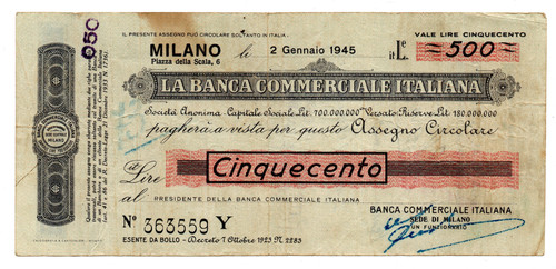 1945 Italy 500 Lire Cheque, Commerical Bank of Italy | capetownnumismatist
