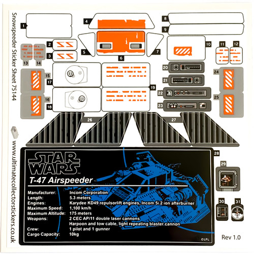 Lego Star Wars UCS / MOC Sticker Sheet for Snowspeeder 75144 | U C Stickers