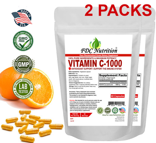 FDC NUTRITION Vitamin C 1000mg - Immune Support - 60 Veg Capsules-Two ...