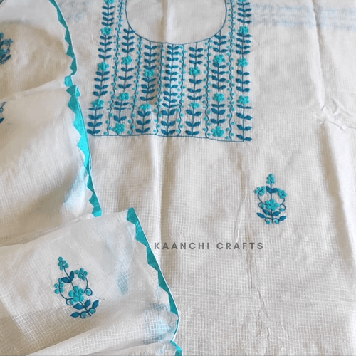 Morning Glory - White & Blue Phool Patti Fabric | Kaanchi Crafts