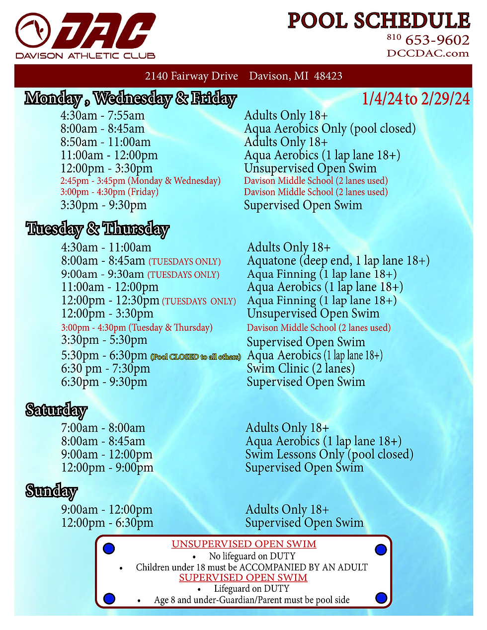 Current DAC Pool and Group Fitness Schedules