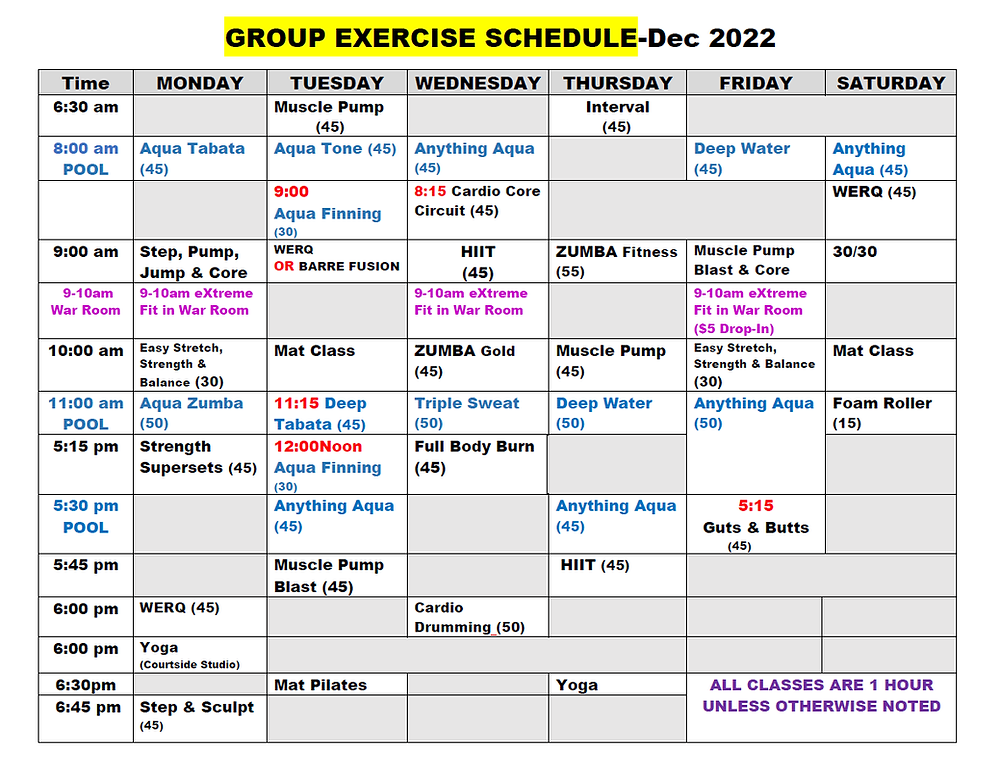 December Group Fitness Schedule