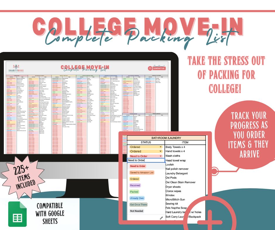 College Packing List ~ Google Sheets Instant Download | SharityBOXX.com