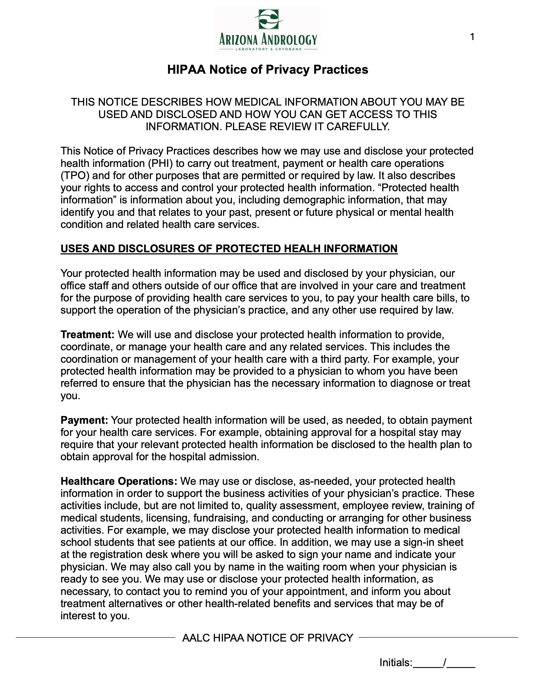 HIPAA Notice of Privacy Practices | Arizona Andrology